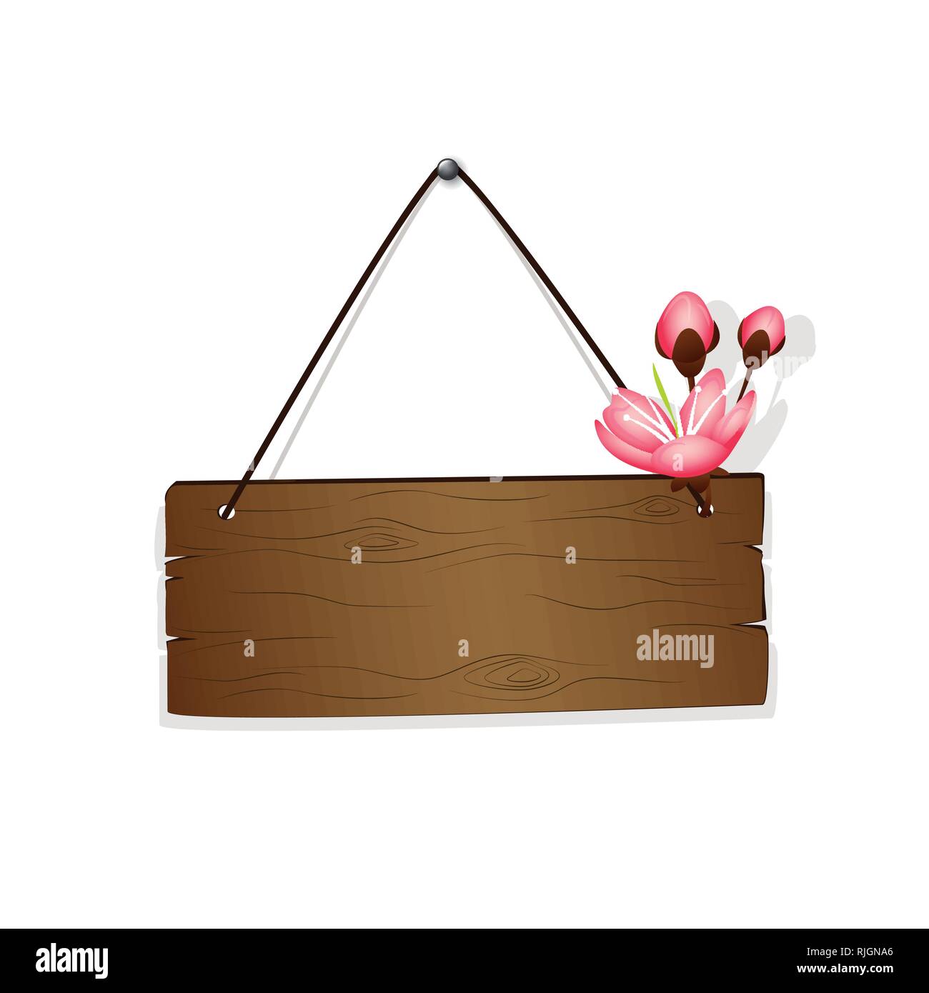 hanging wooden sign with spring cherry blossoming flowers pink petals ...