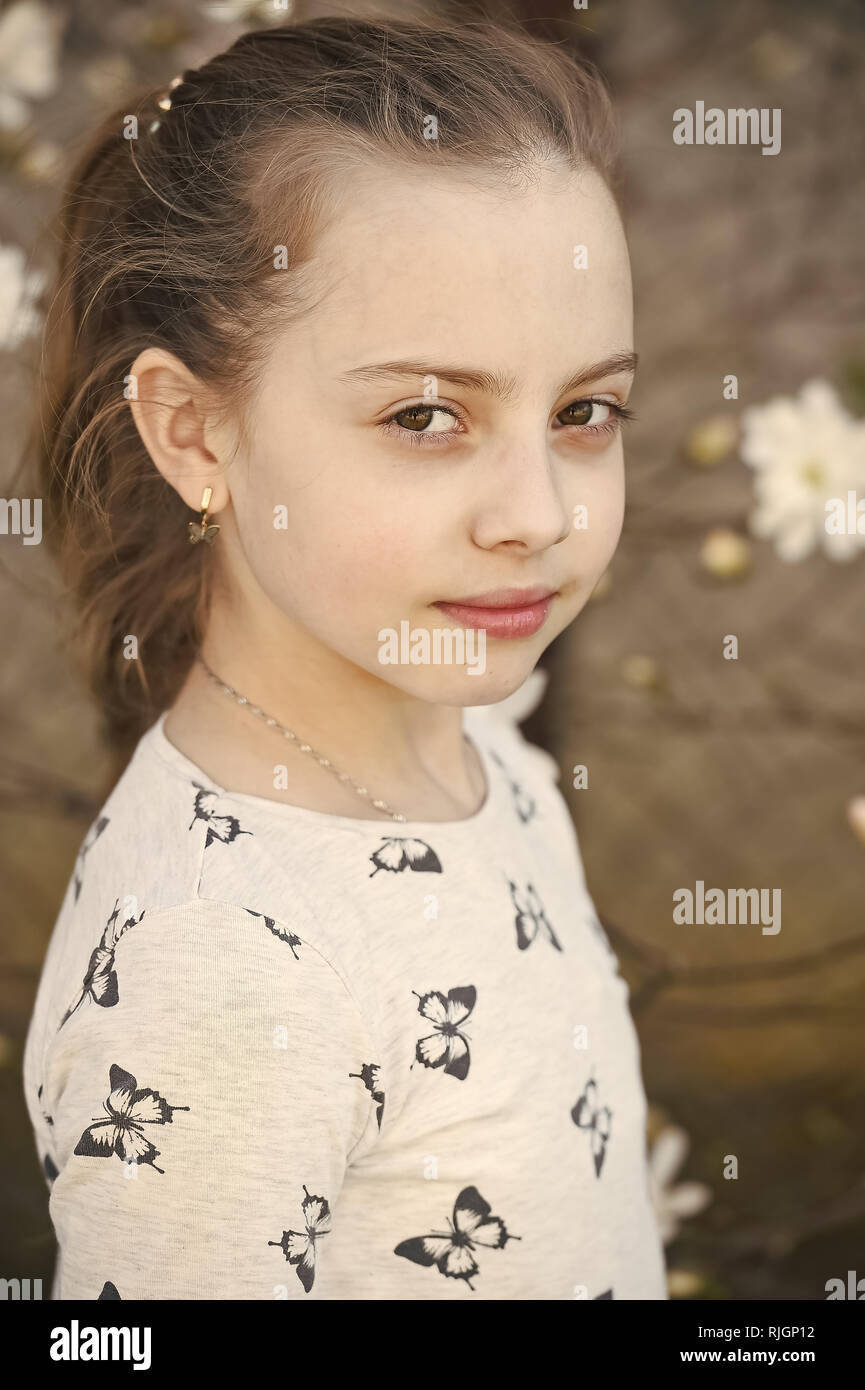 Little girl with young skin on spring or summer day. Child with cute ...