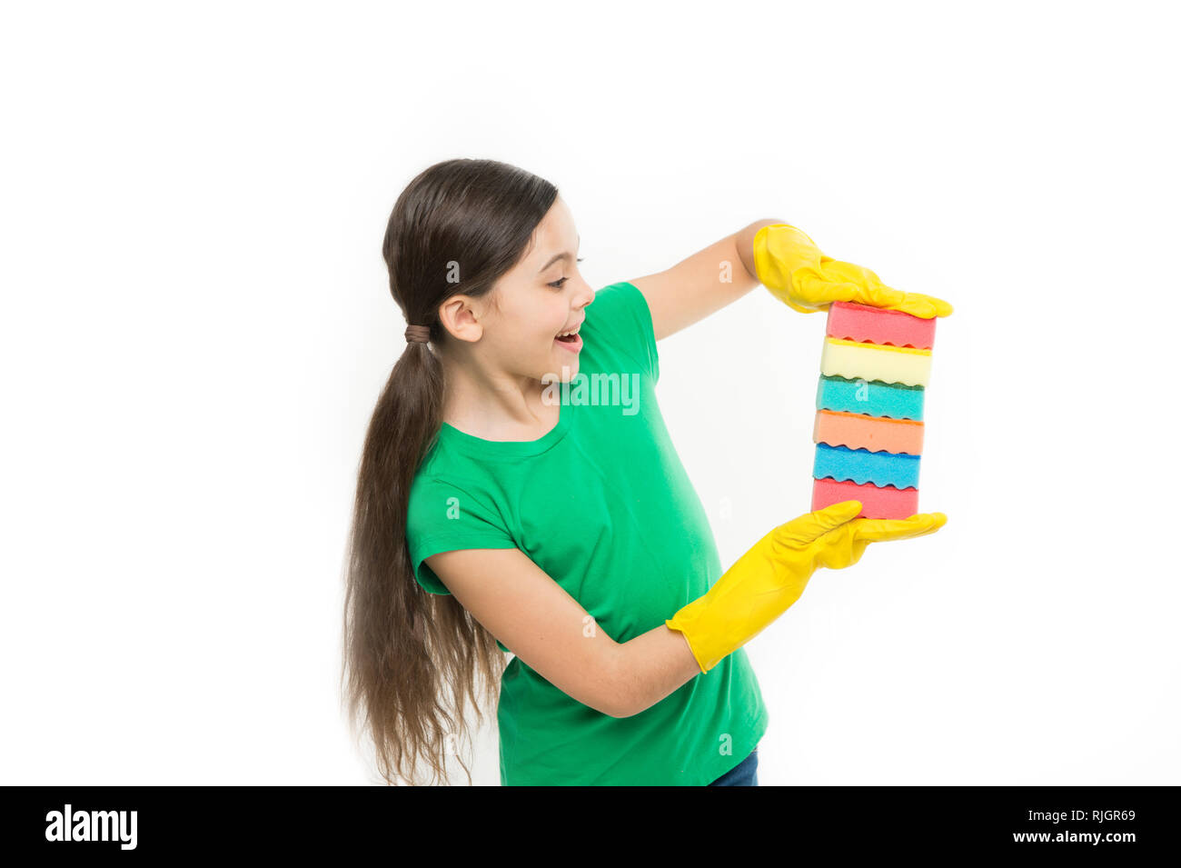 Cleaning supplies. Girl in rubber gloves for cleaning hold many ...