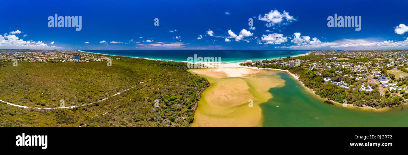 Aerial drone view of beach and Currimundi Lake, Caloundra, Sunshine ...