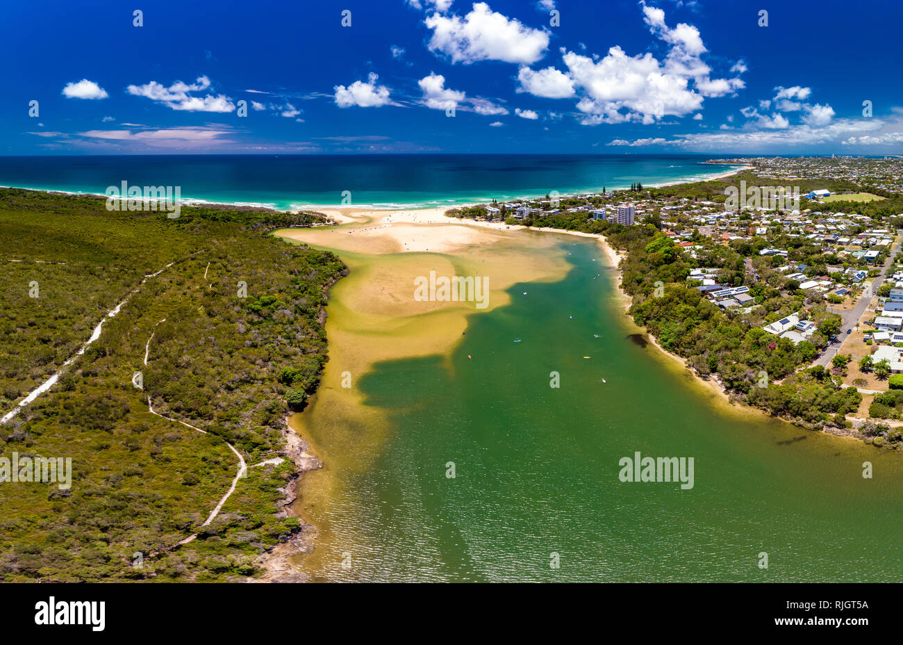 Aerial drone view of beach and Currimundi Lake, Caloundra, Sunshine ...