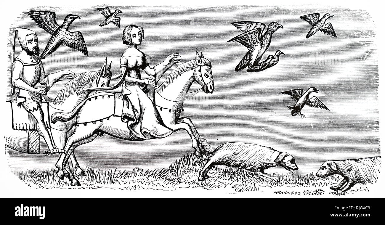 A woodcut engraving depicting a Lady out hawking. Dated 14th century ...