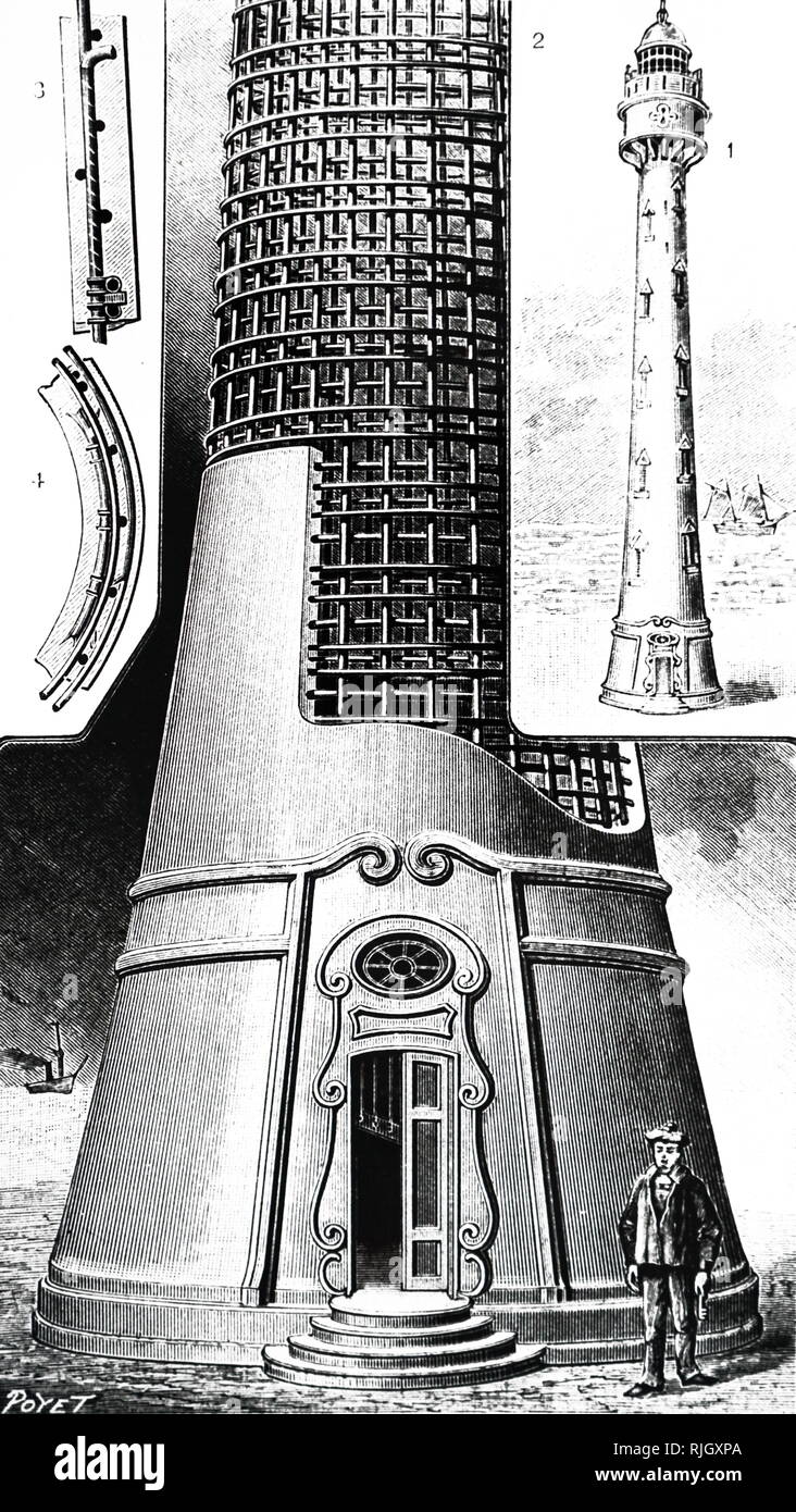 An engraving depicting a Russian lighthouse built of reinforced ...