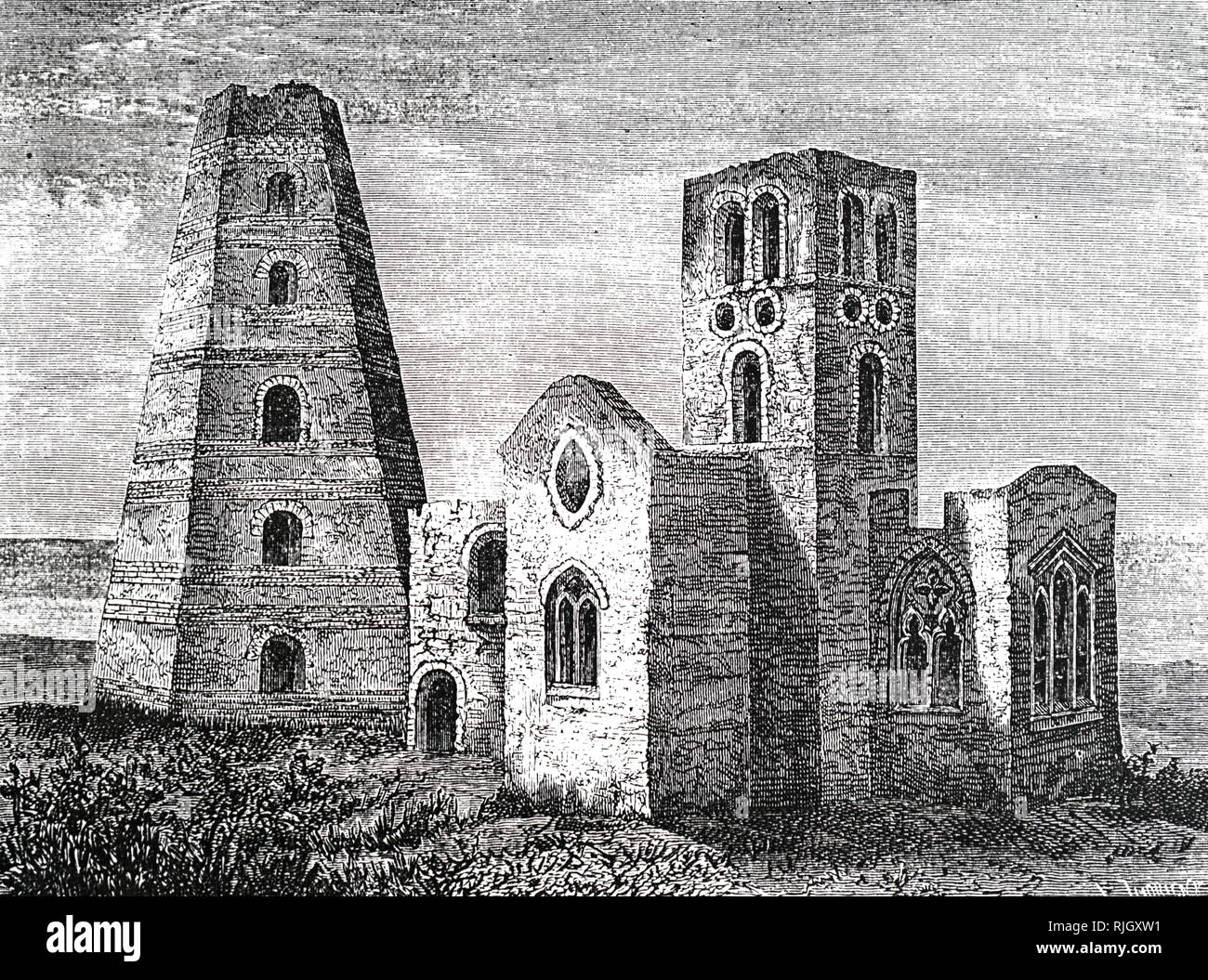 An engraving depicting the remains of an ancient Roman lighthouse, as ...