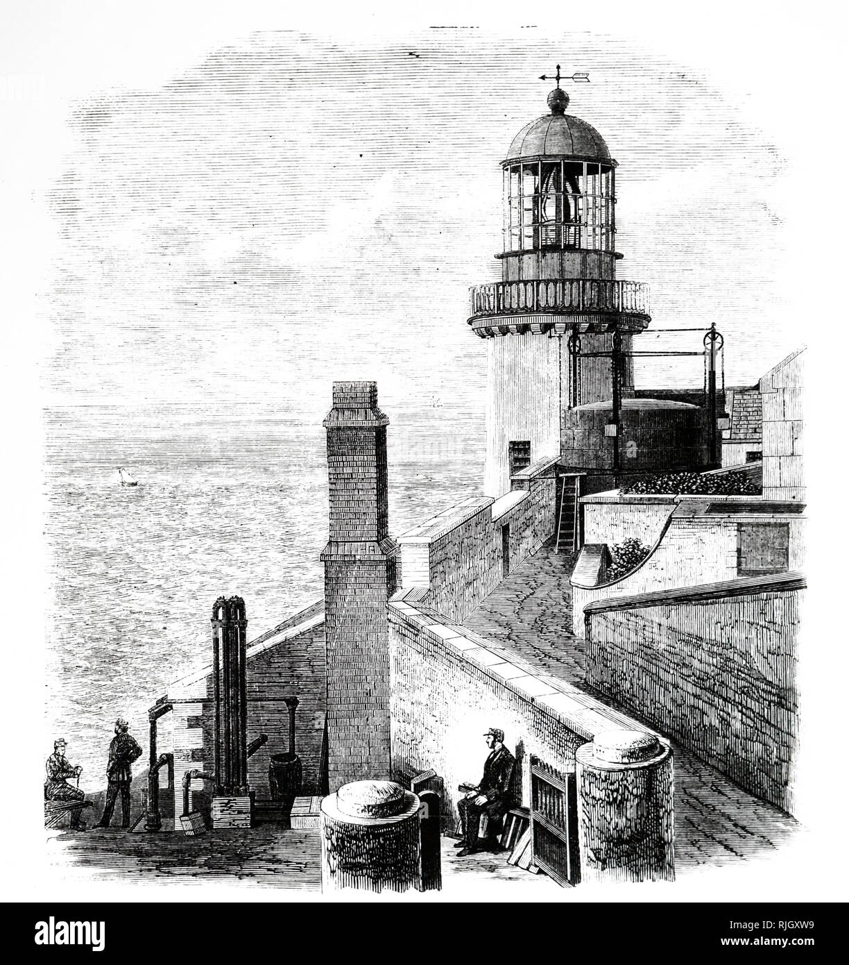 An engraving depicting Wicklow Head Lighthouse, equipped with a gas ...