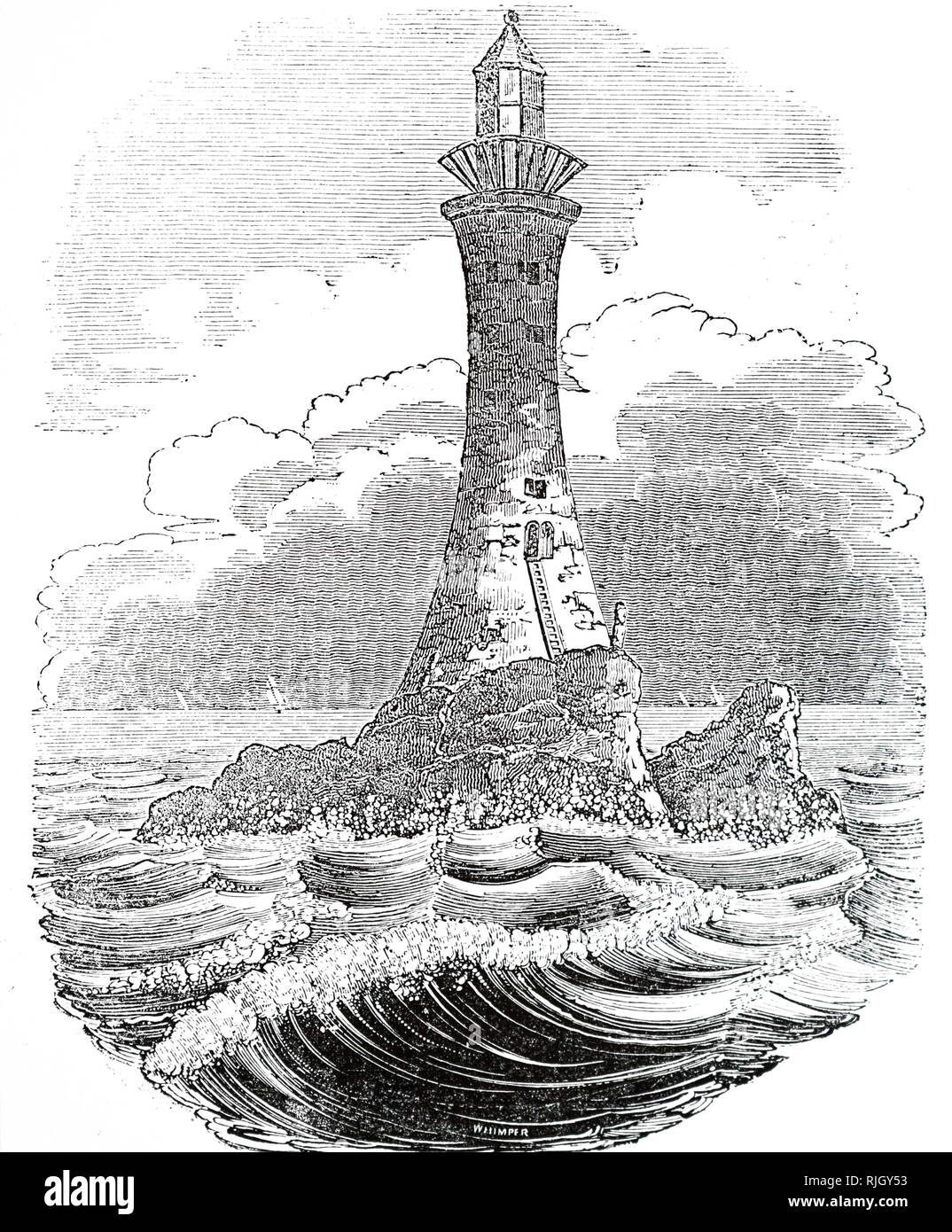 An engraving depicting the Bell Rock Lighthouse, located off the coast ...