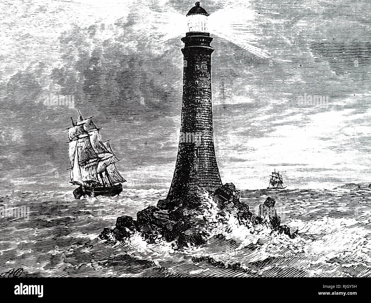 An engraving depicting the Bell Rock Lighthouse, located off the coast ...