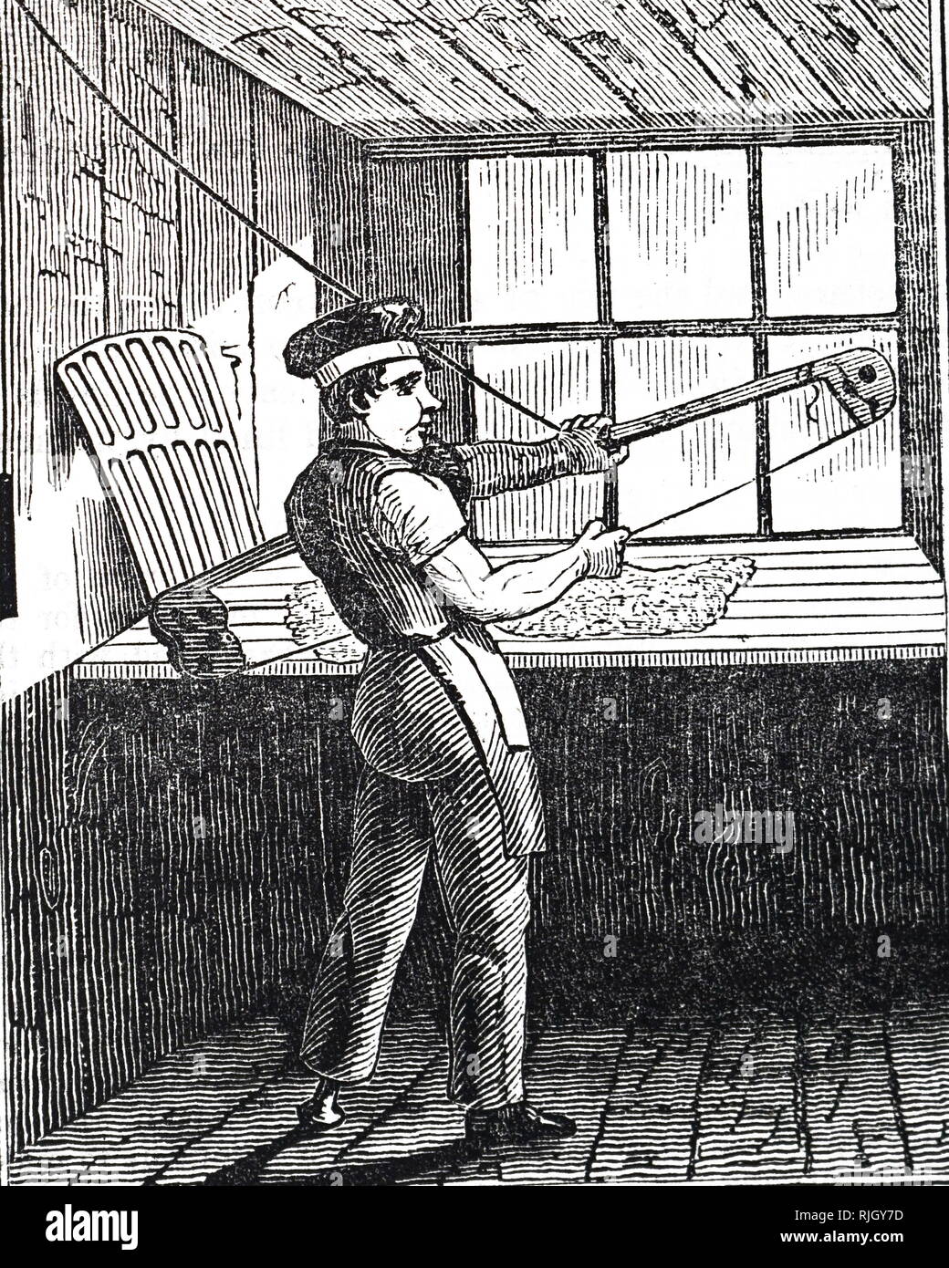 An engraving depicting the manufacturing of beaver hats: bowing fur and ...