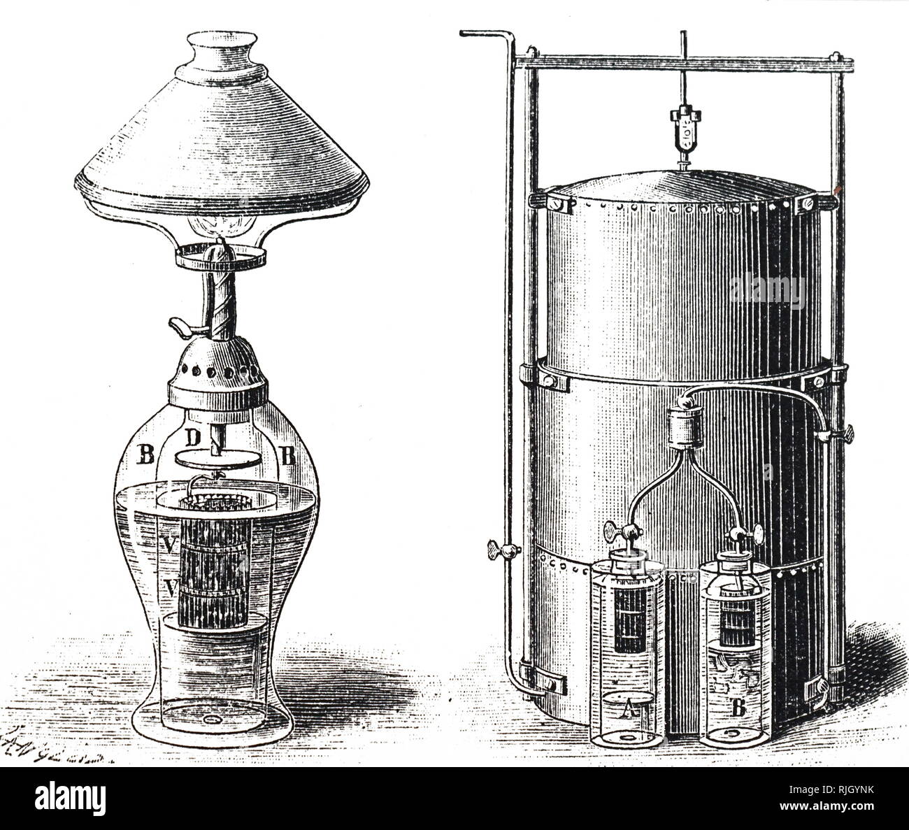 An engraving depicting an acetylene lamp. The Carbide lamp, or ...