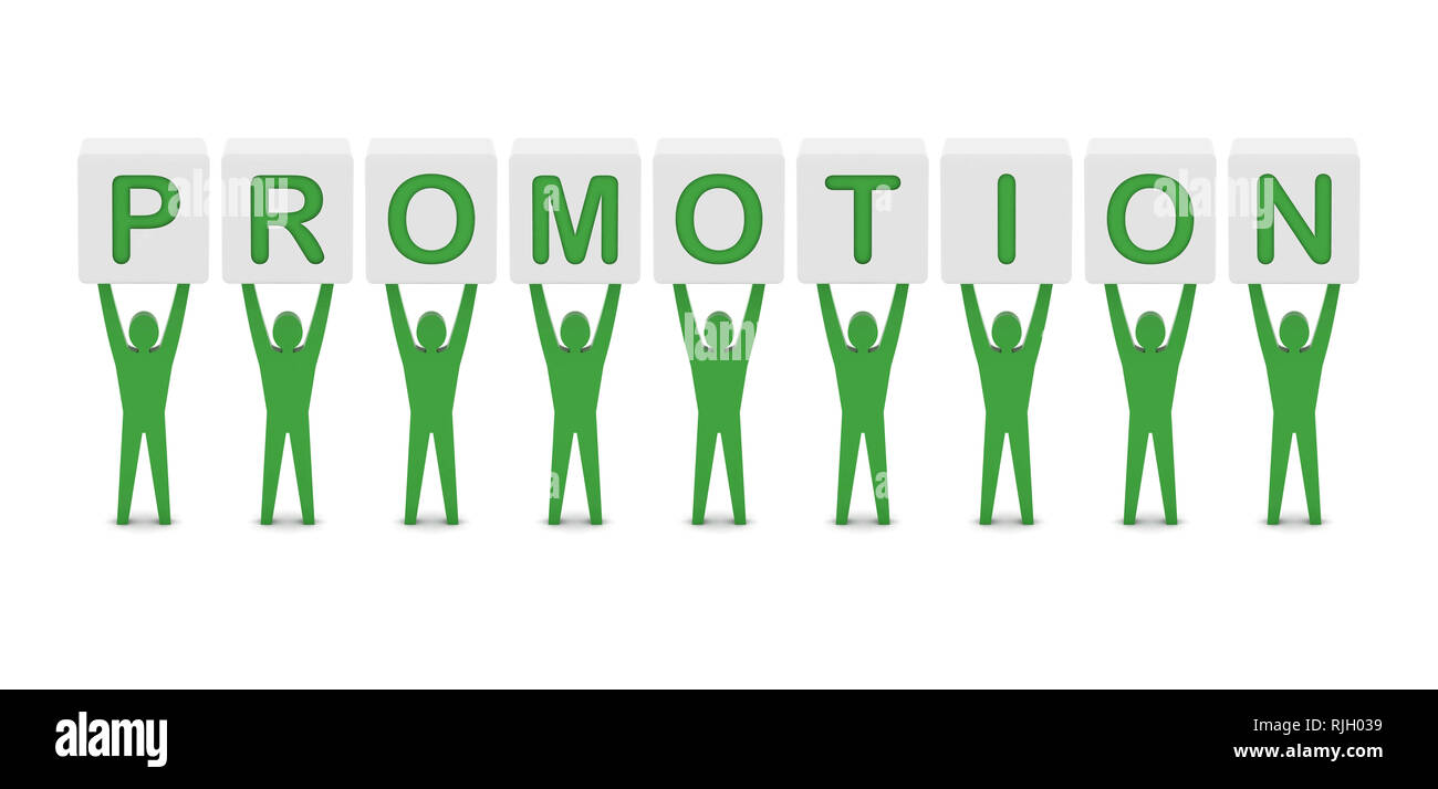 Men holding the word PROMOTION. Concept 3D illustration Stock Photo - Alamy