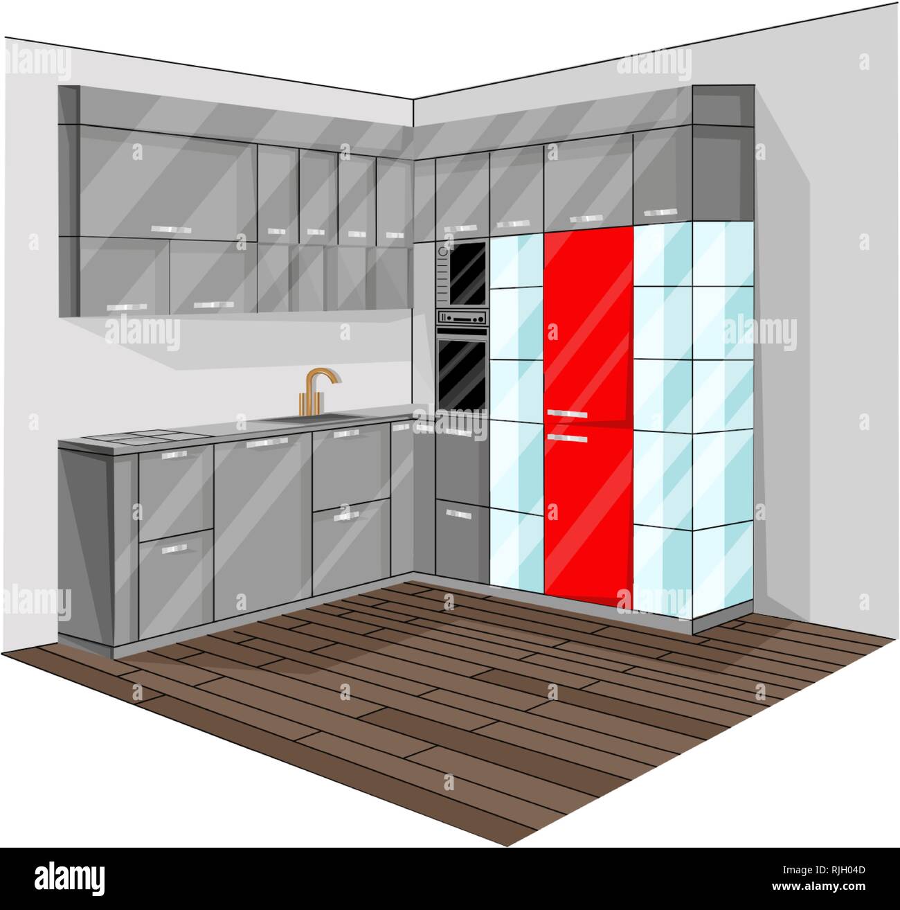 Kitchen design Vector. Flat style interior backgrounds. Red and grey ...