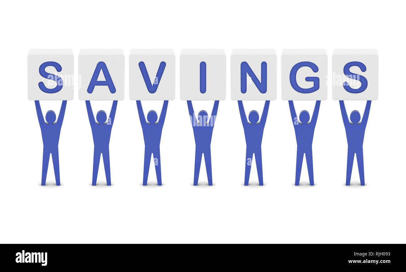 Men holding the word savings. Concept 3D illustration Stock Photo - Alamy