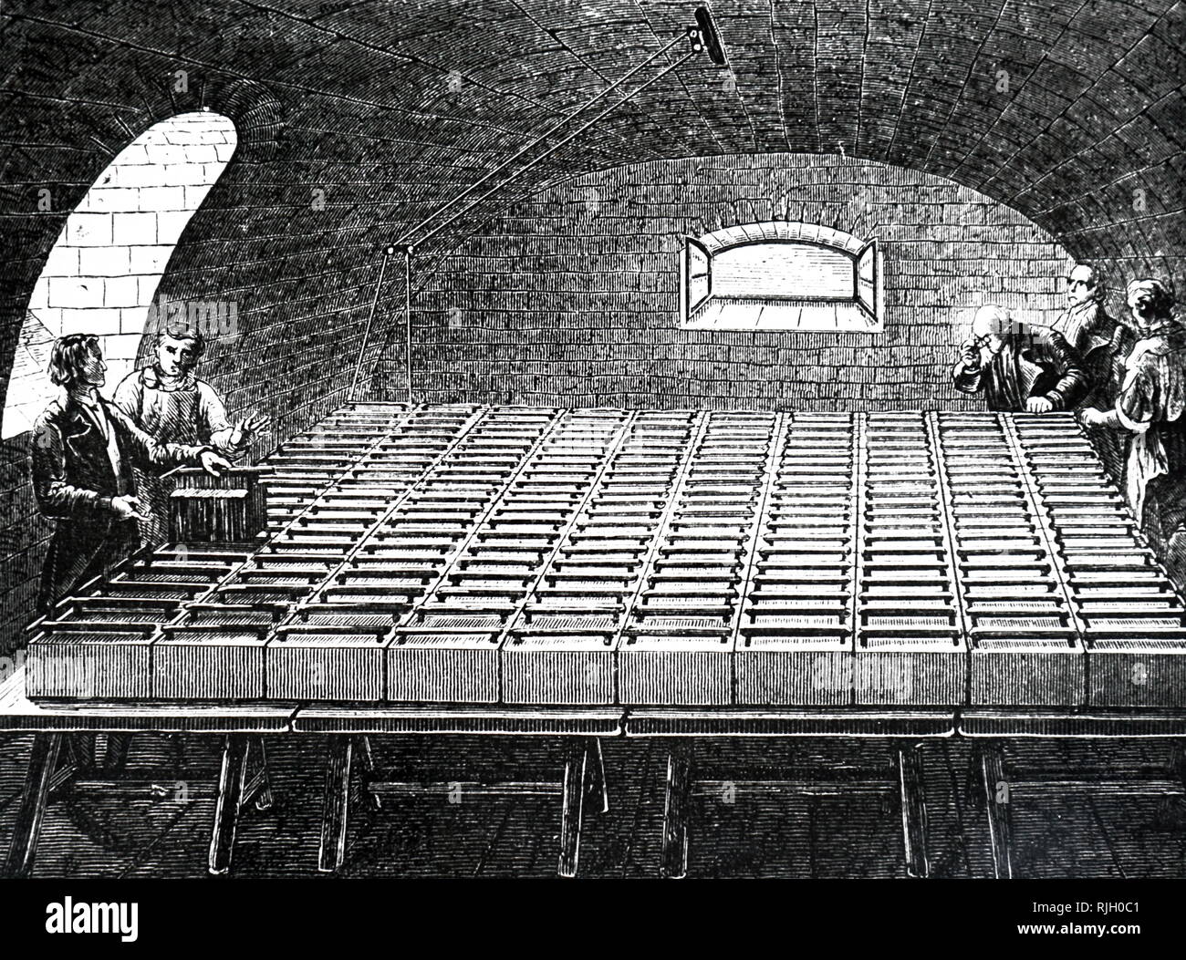 An engraving depicting the giant battery built in the basement of The ...