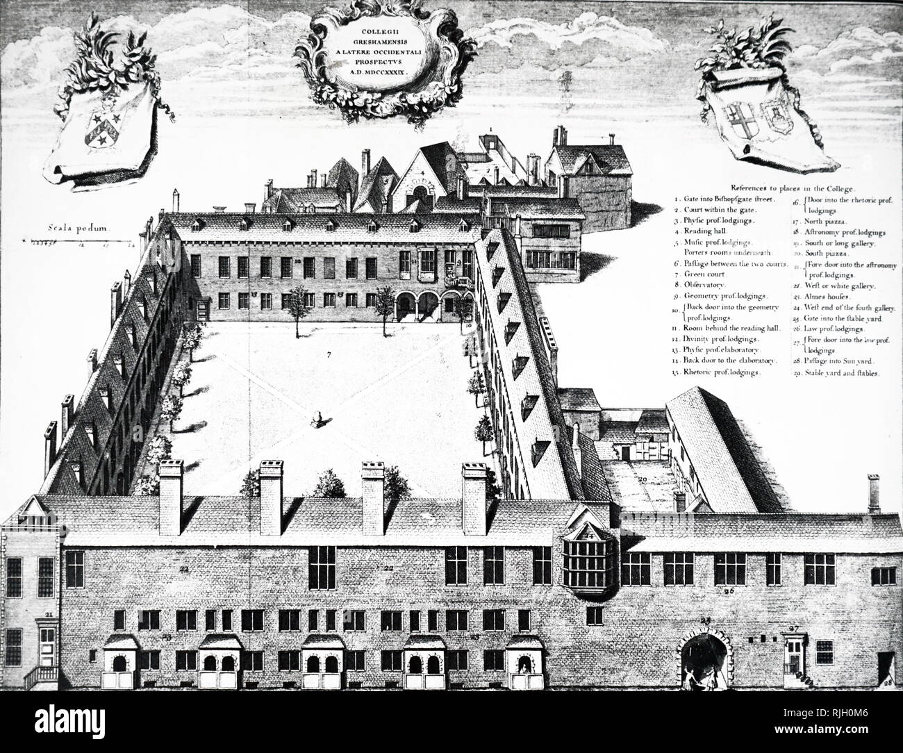 An engraving depicting Gresham College where the Royal Society was ...