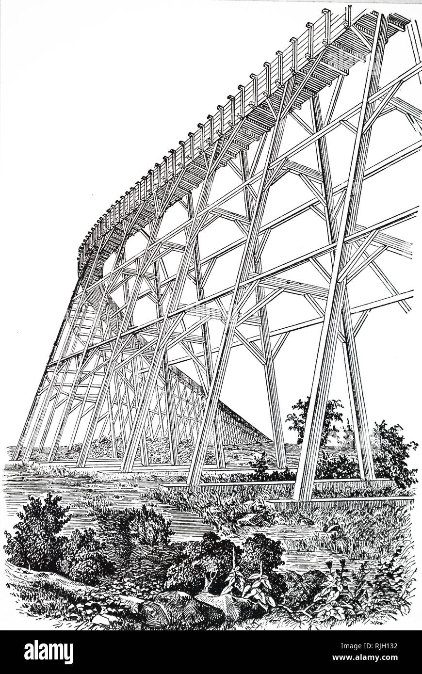 An engraving depicting a flume mounted on a wooden trestle, California ...