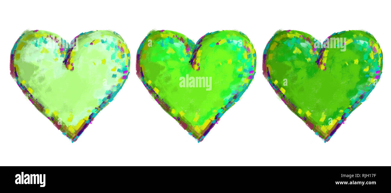 Multicolor illustration in brushwork style of three hearts in shades of ...