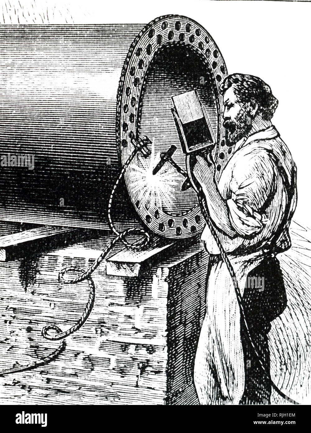 An engraving depicting the arc welding using an apparatus invented by ...