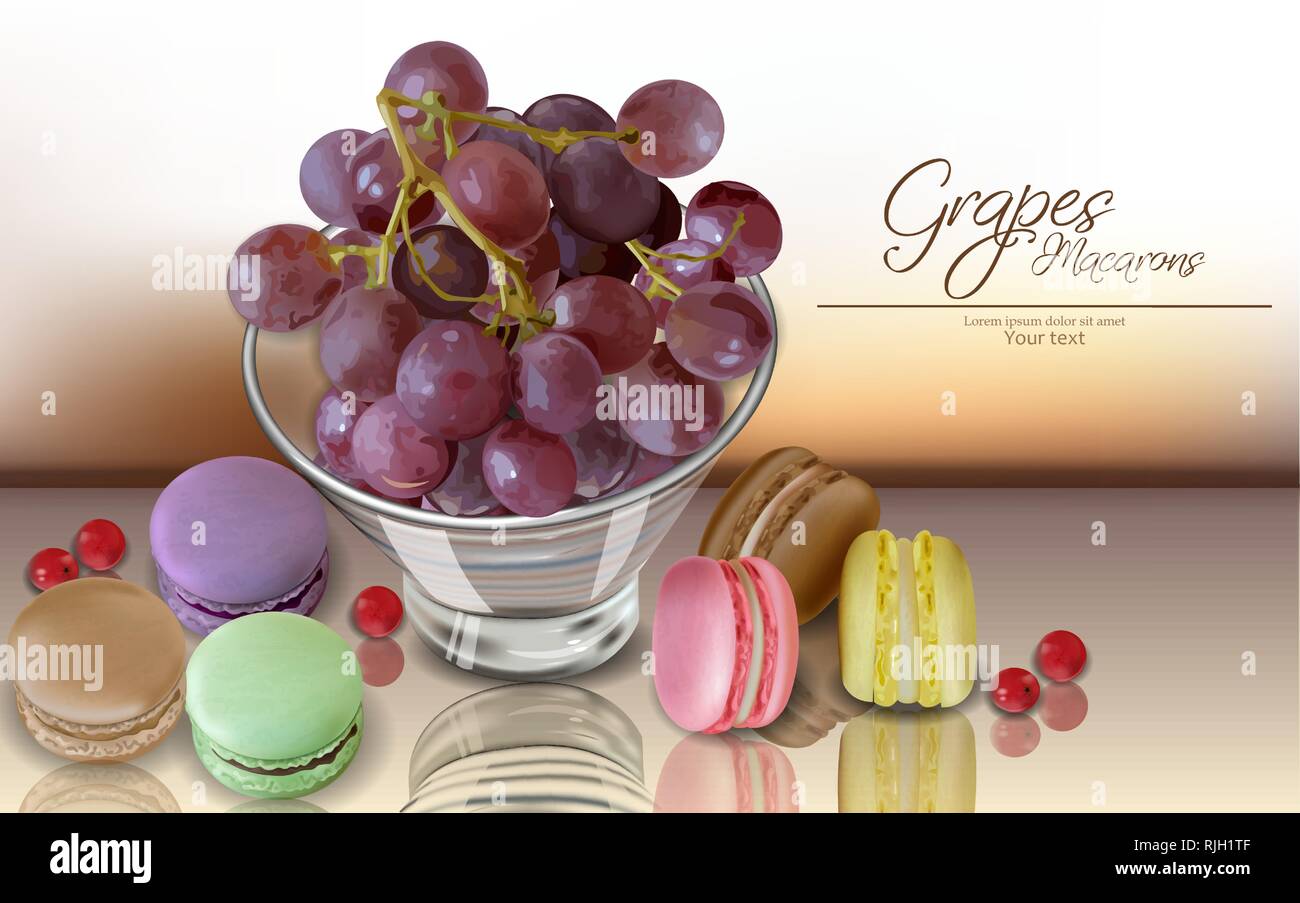 Grapes fruit and macaroons Vector realistic. 3d detailed card menu ...