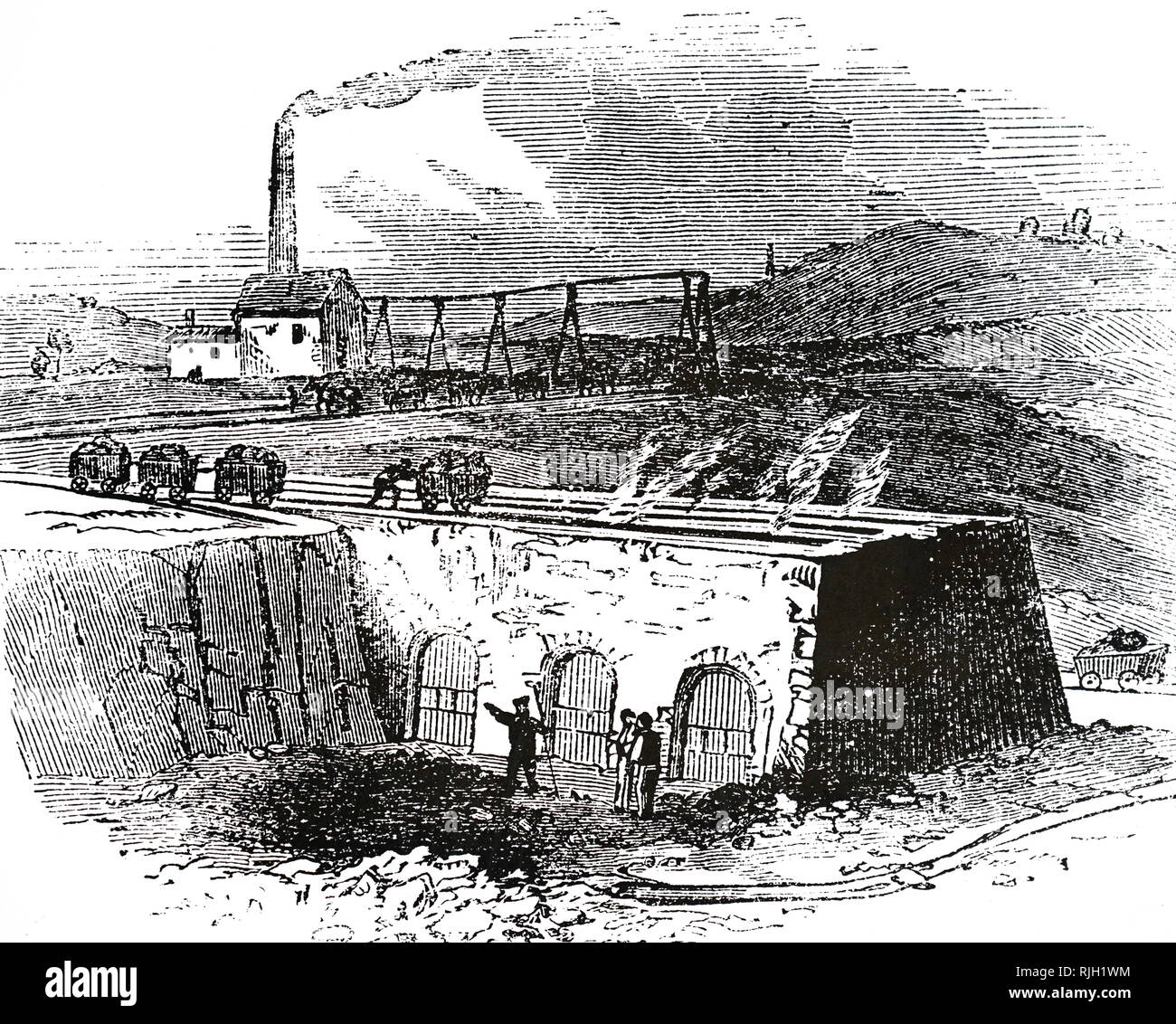 An engraving depicting the roasting of iron ore in Coalbrookdale ...