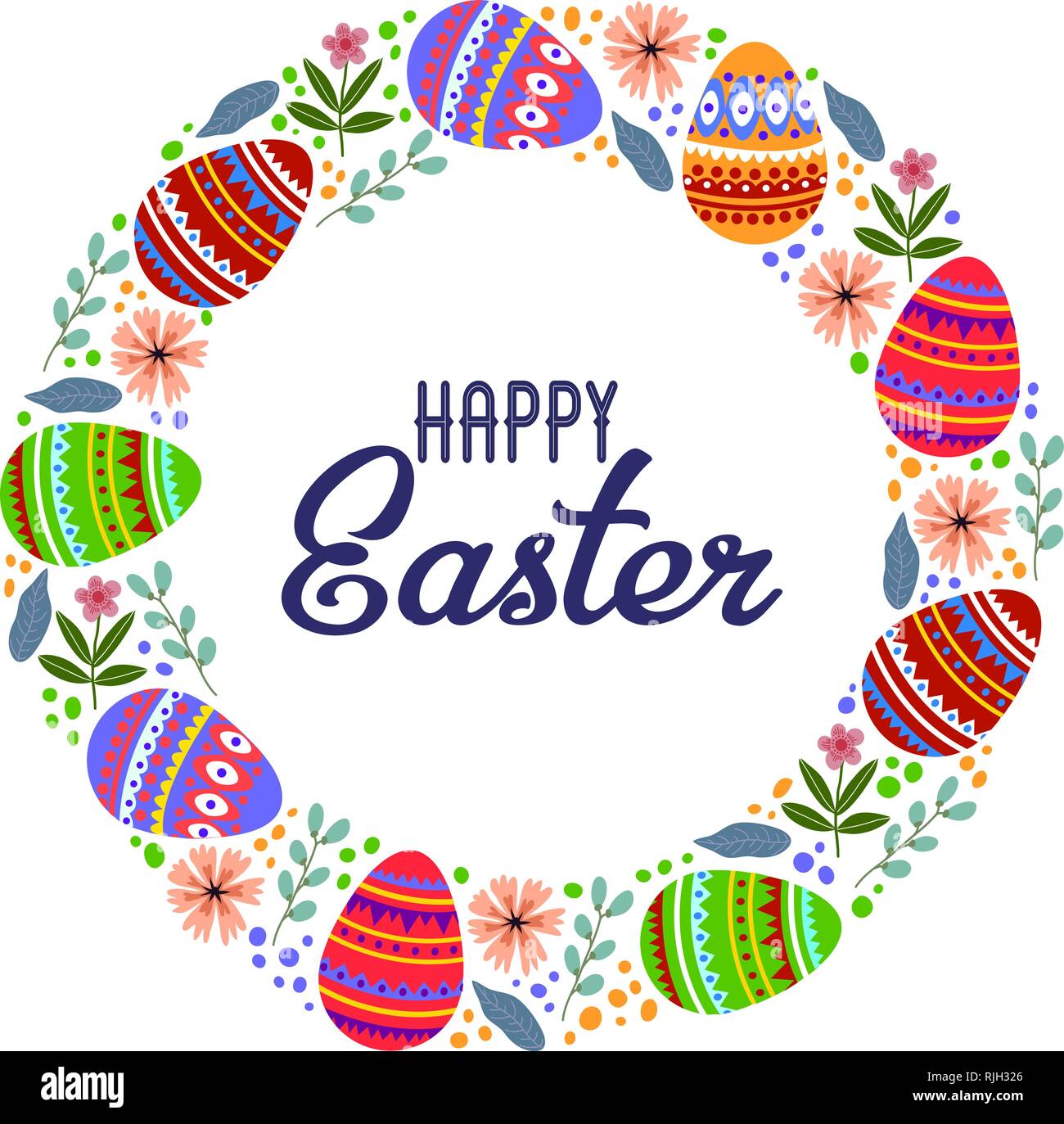 Happy Easter. Cartoon cute wreath of eggs and flowers isolated on a ...