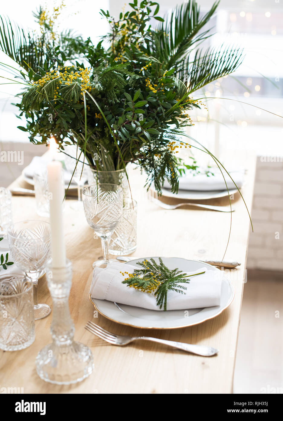 Beautiful springtime table setting with green leaves and mimosa ...