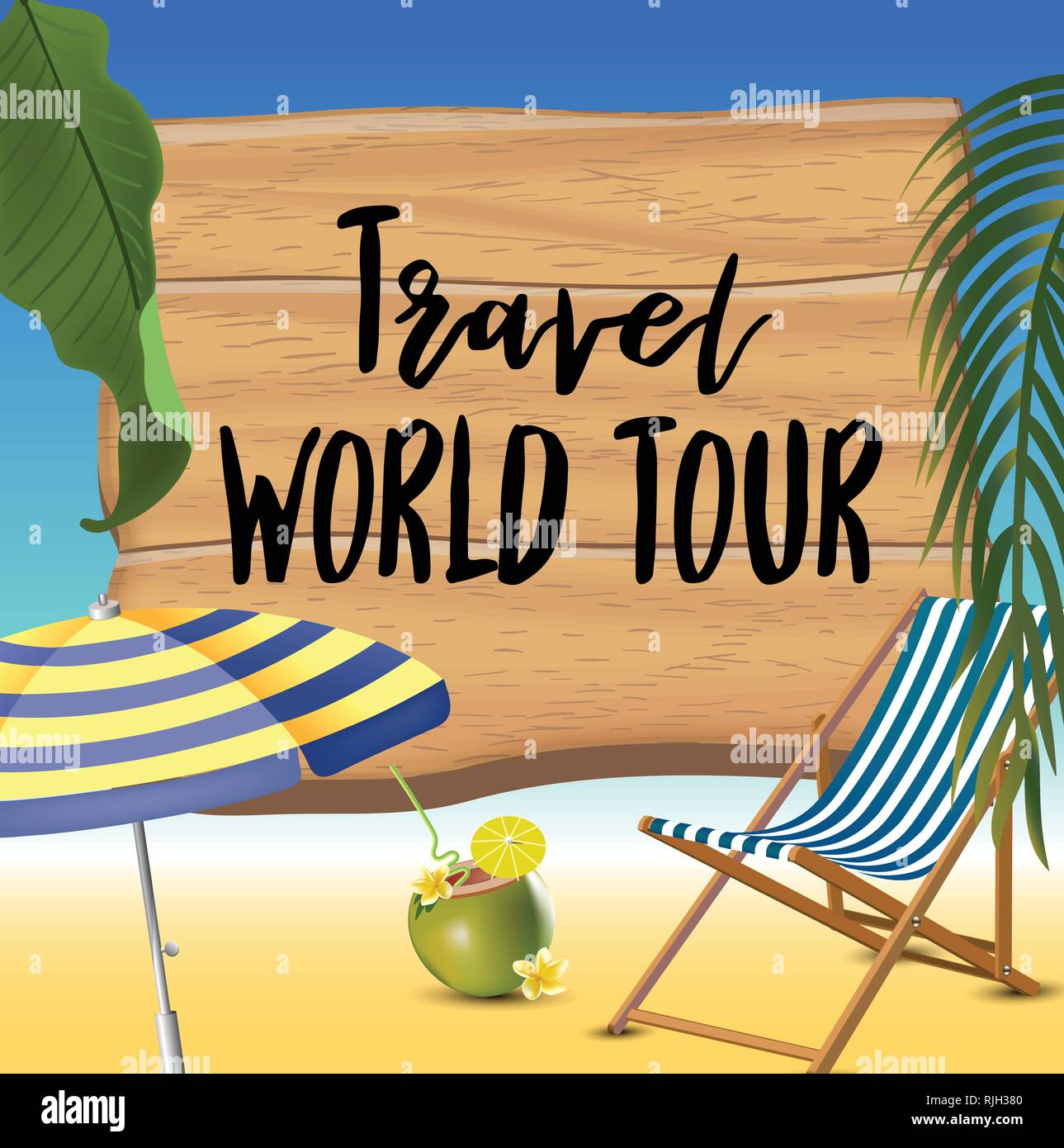 Travel world tour typography inscription with parasol, chaise launge ...