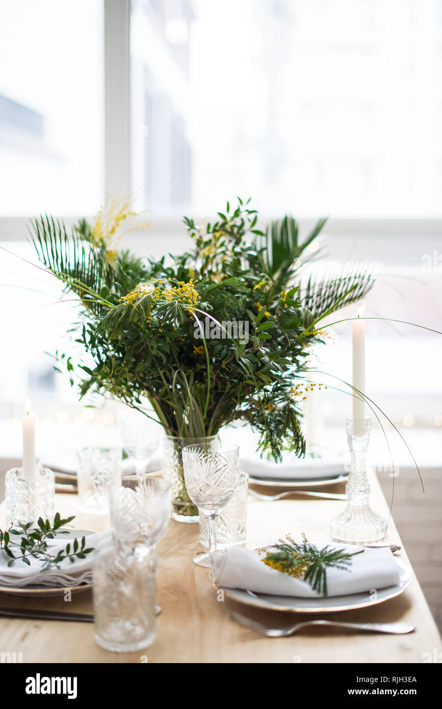 Beautiful springtime table setting with green leaves and mimosa ...