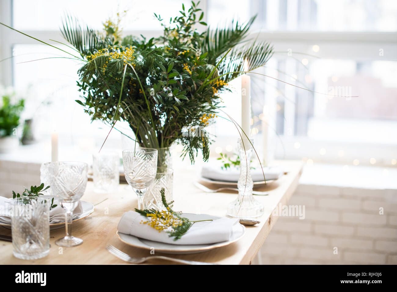 Beautiful springtime table setting with green leaves and mimosa ...