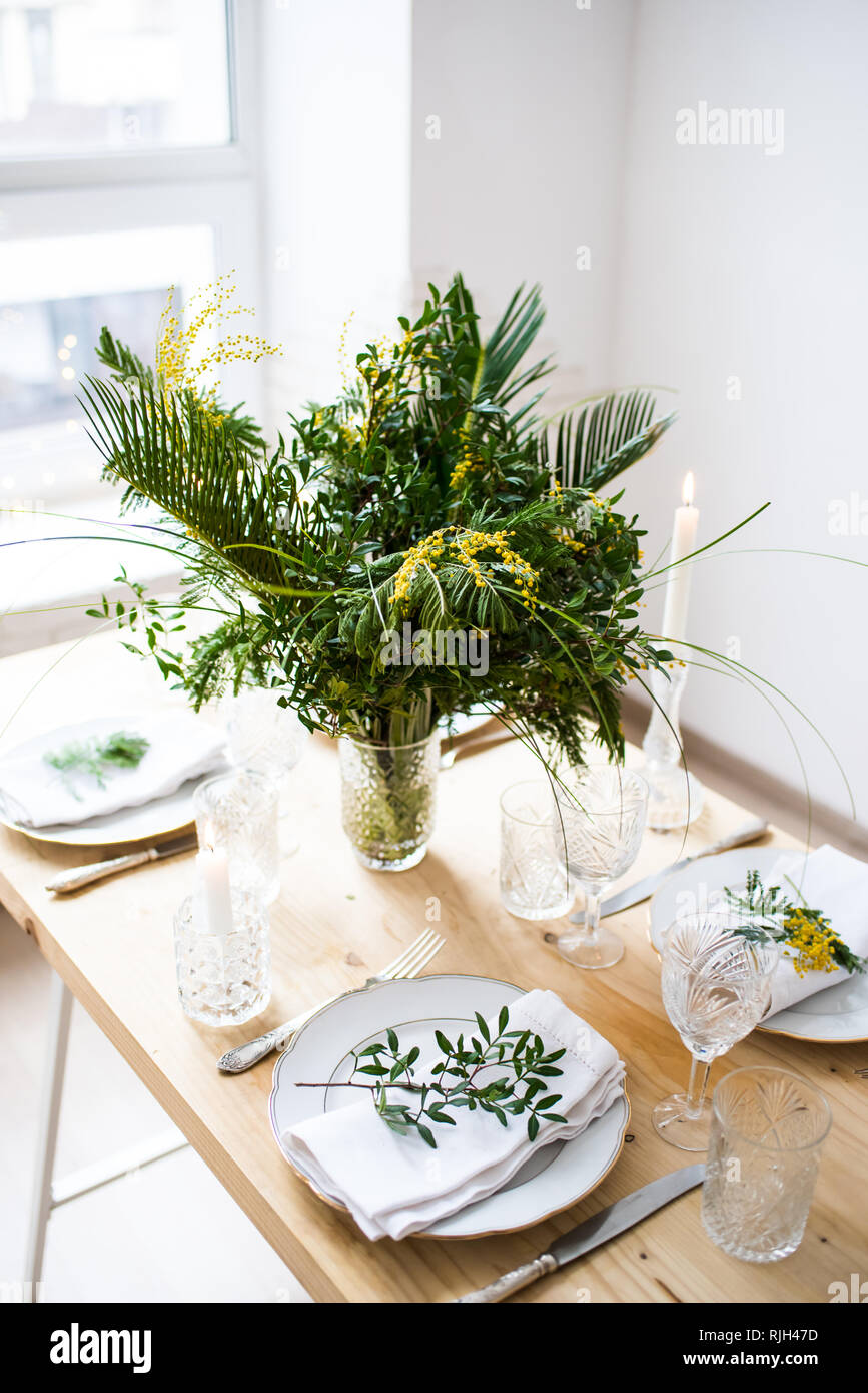 Beautiful springtime table setting with green leaves and mimosa ...