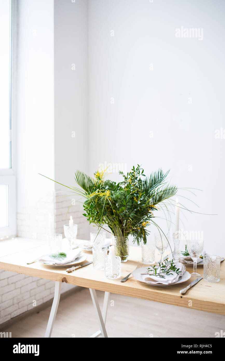 Beautiful springtime table setting with green leaves and mimosa ...