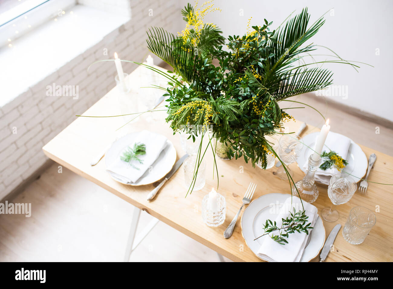 Beautiful springtime table setting with green leaves and mimosa ...