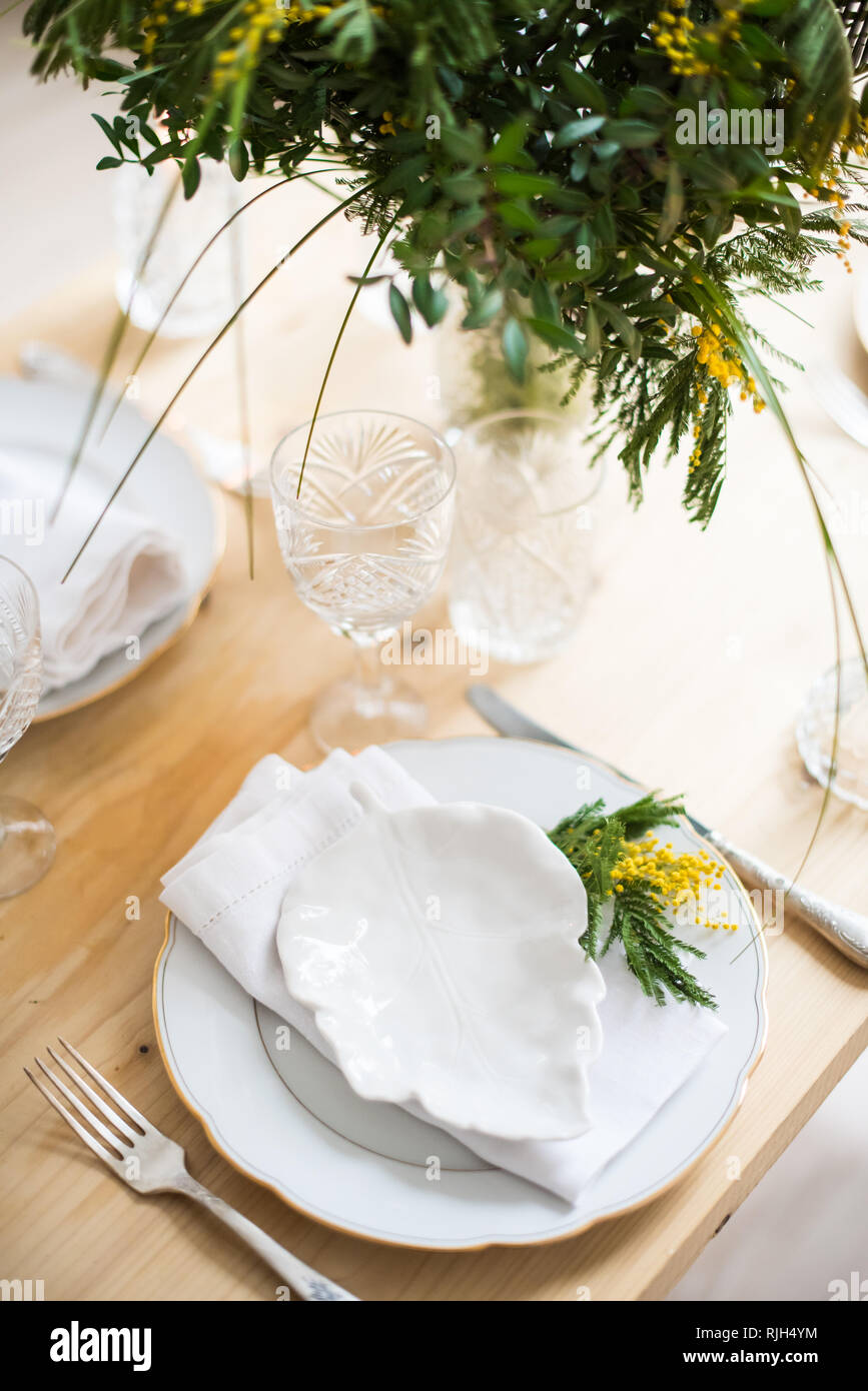 Beautiful springtime table setting with green leaves and mimosa ...