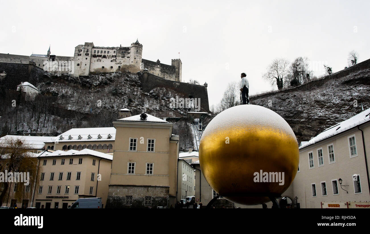 golden sphere in the main square of Salzburg in the winter time Stock ...