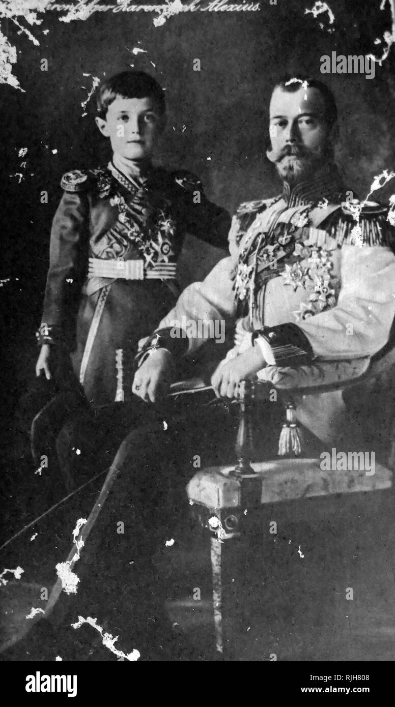 Nicholas II or Nikolai II, Tsar of Russia with his son Alexis, 1913 ...
