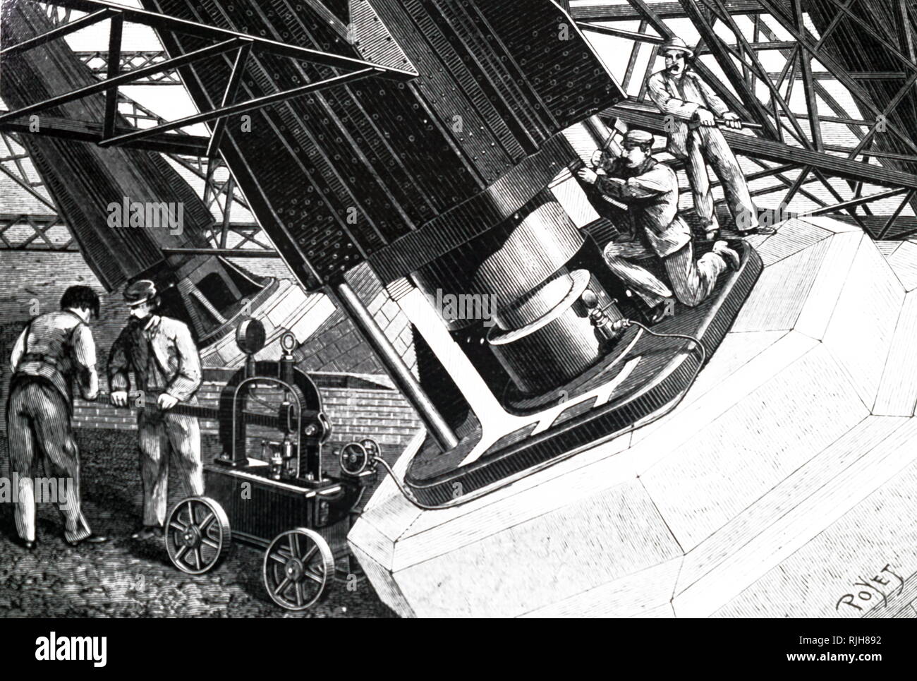 An engraving depicting the hydraulic jack used to adjust the mountings ...