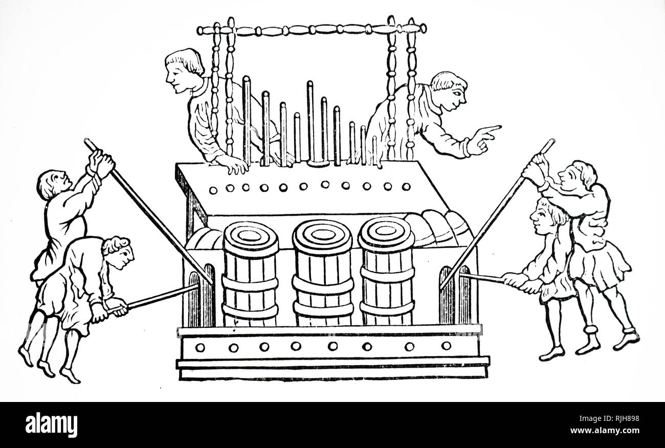 A woodcut engraving depicting an early English church organ with ...