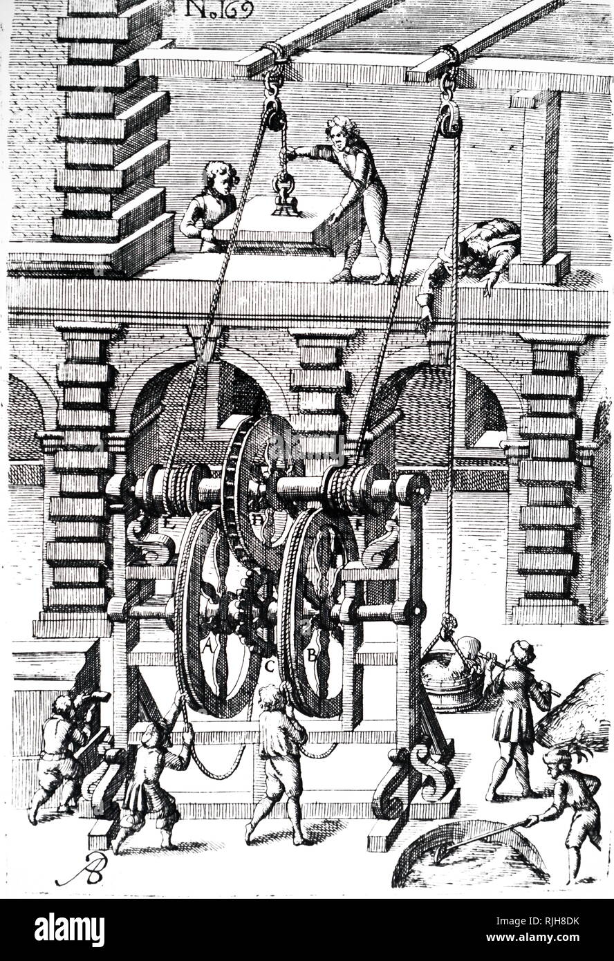 A woodcut engraving depicting the raising of a large slab and mortar ...