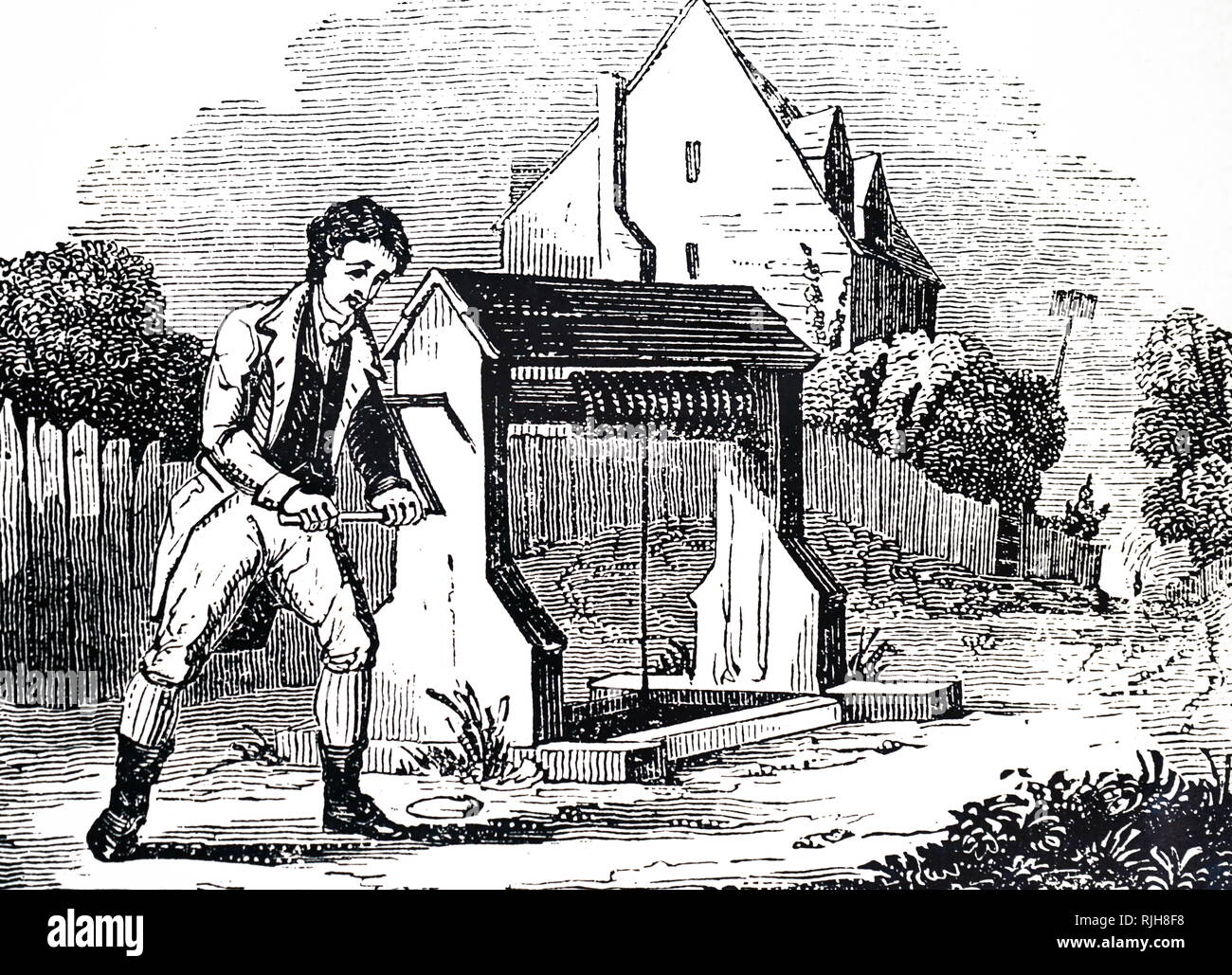 An engraving depicting a man raising water from a well. As the windlass ...