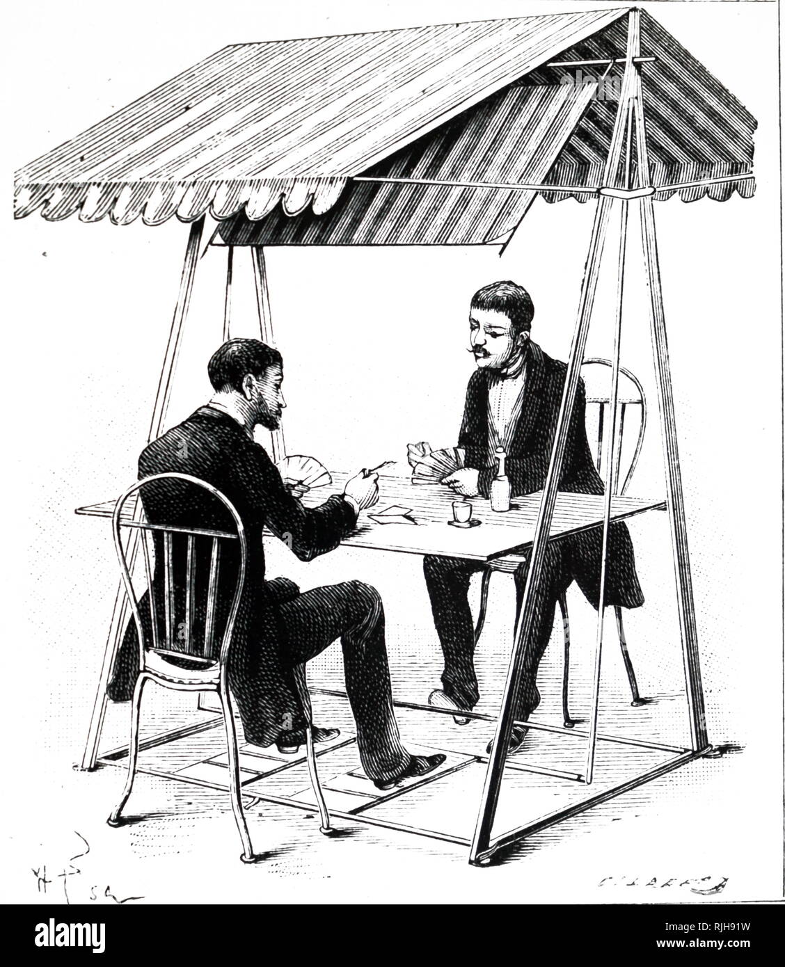 An engraving depicting a garden table with an awning and a foot ...