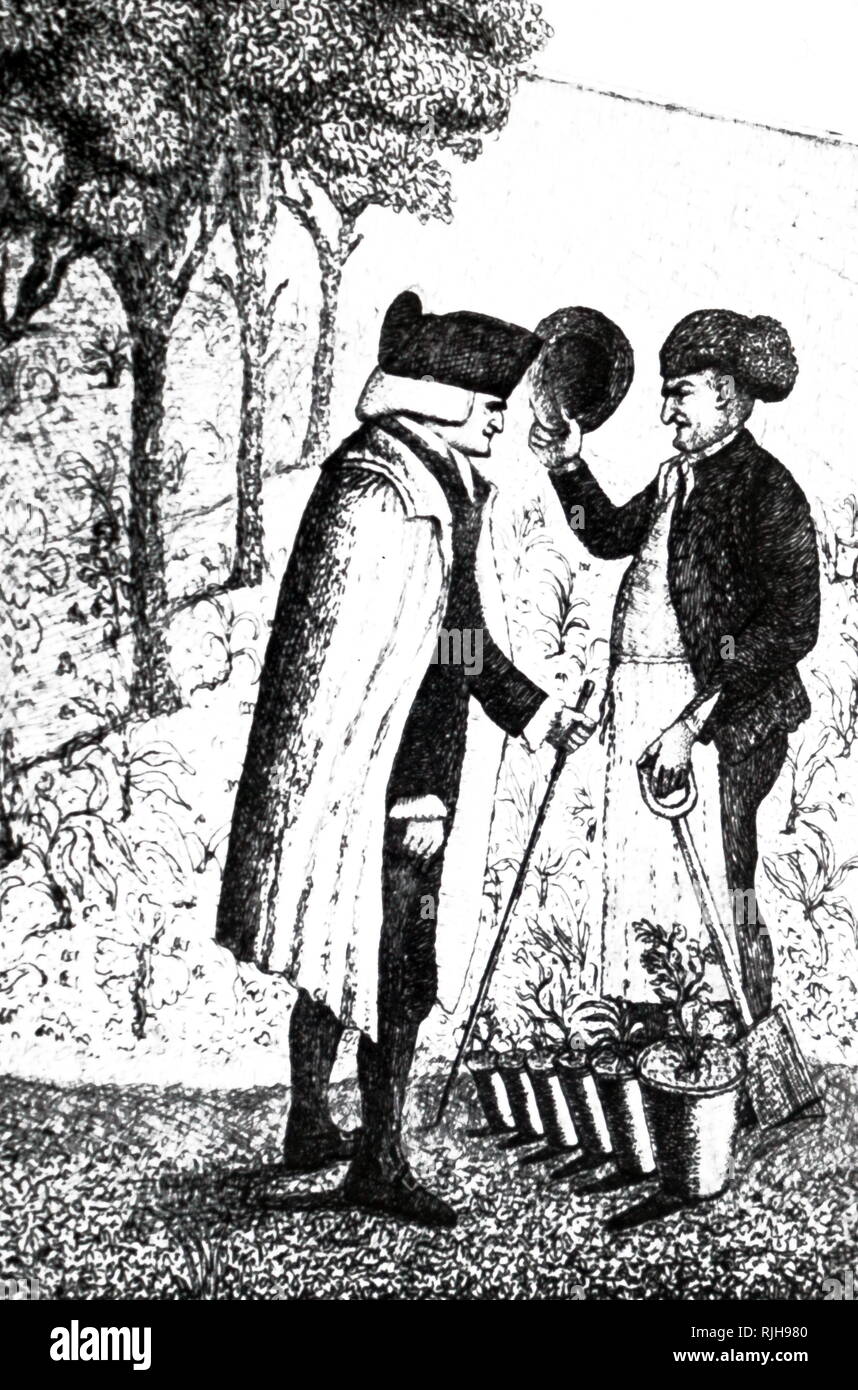 An engraving depicting a gardener respectfully raises his hat to a ...