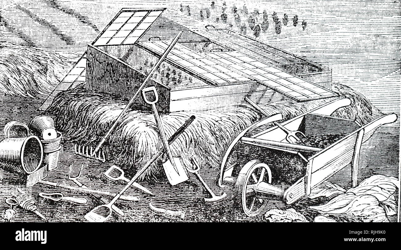 An engraving depicting garden tools and a hotbed frame. Dated 19th ...
