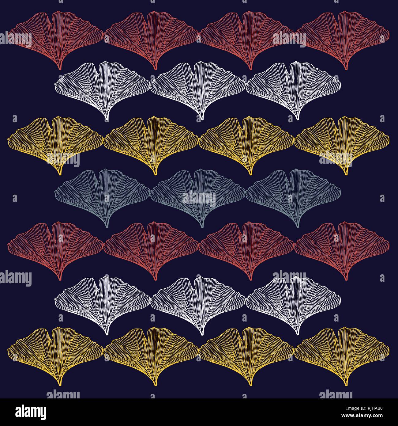 Ginkgo leaves vector in a yellow, red and gray color palette on a dark ...