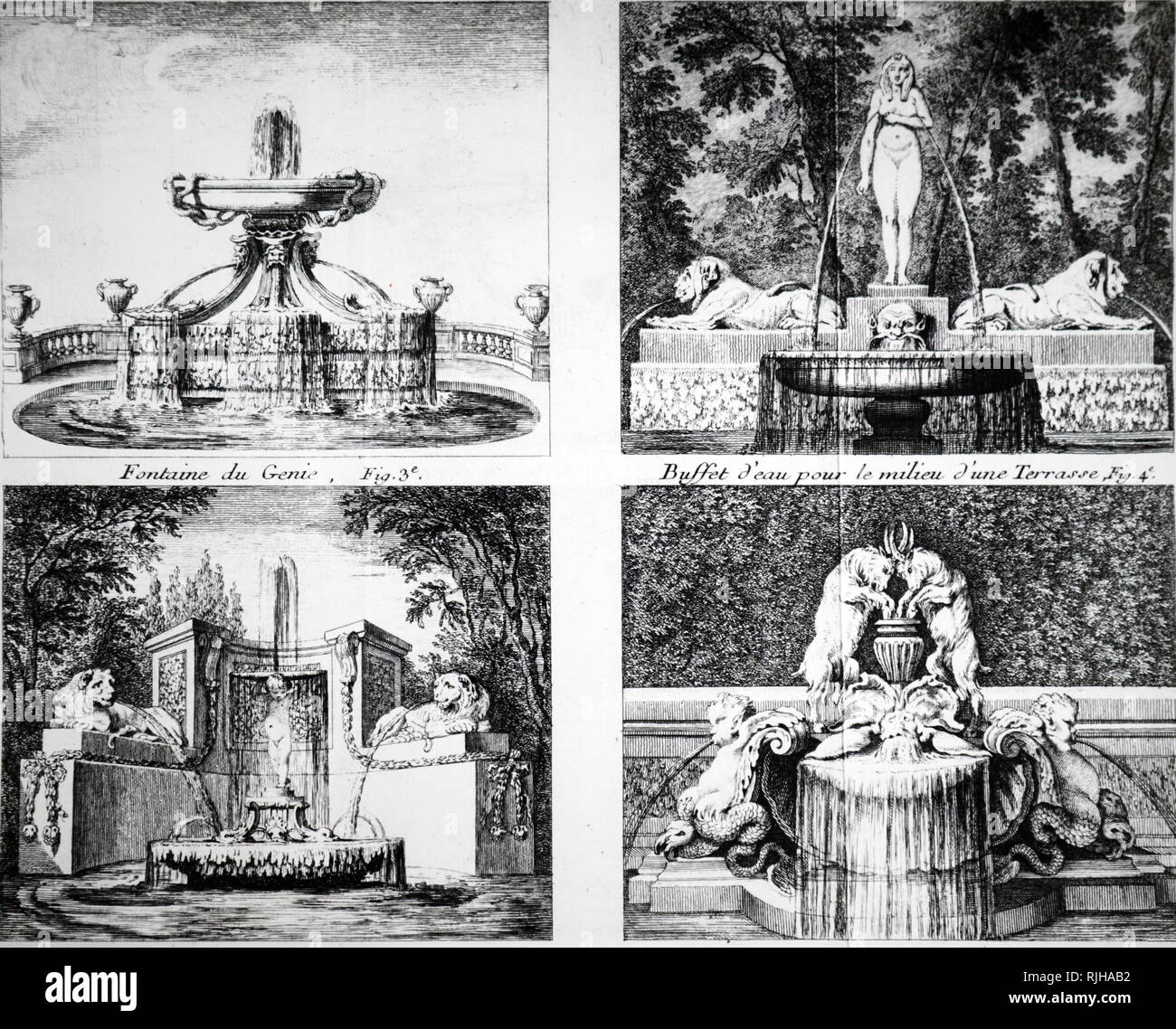 Engraveing depicting four 18th century ornamental fountains from French ...