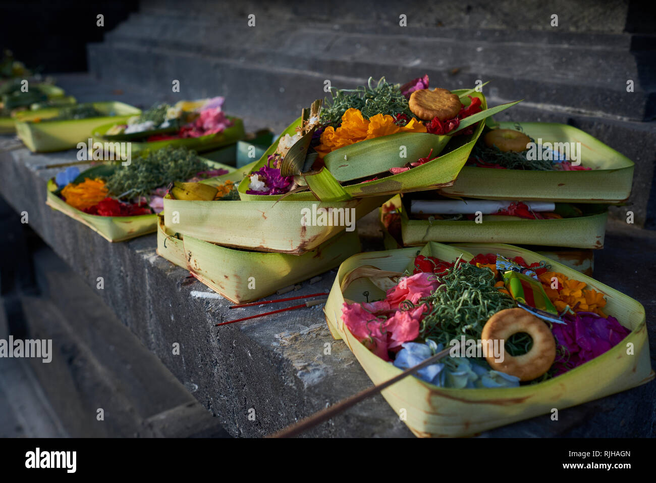 Religious offerings at a temple in Seminyak, Bali, Indonesia Stock ...