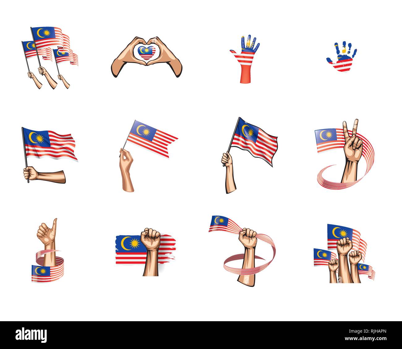 Malaysia flag and hand on white background. Vector illustration Stock ...