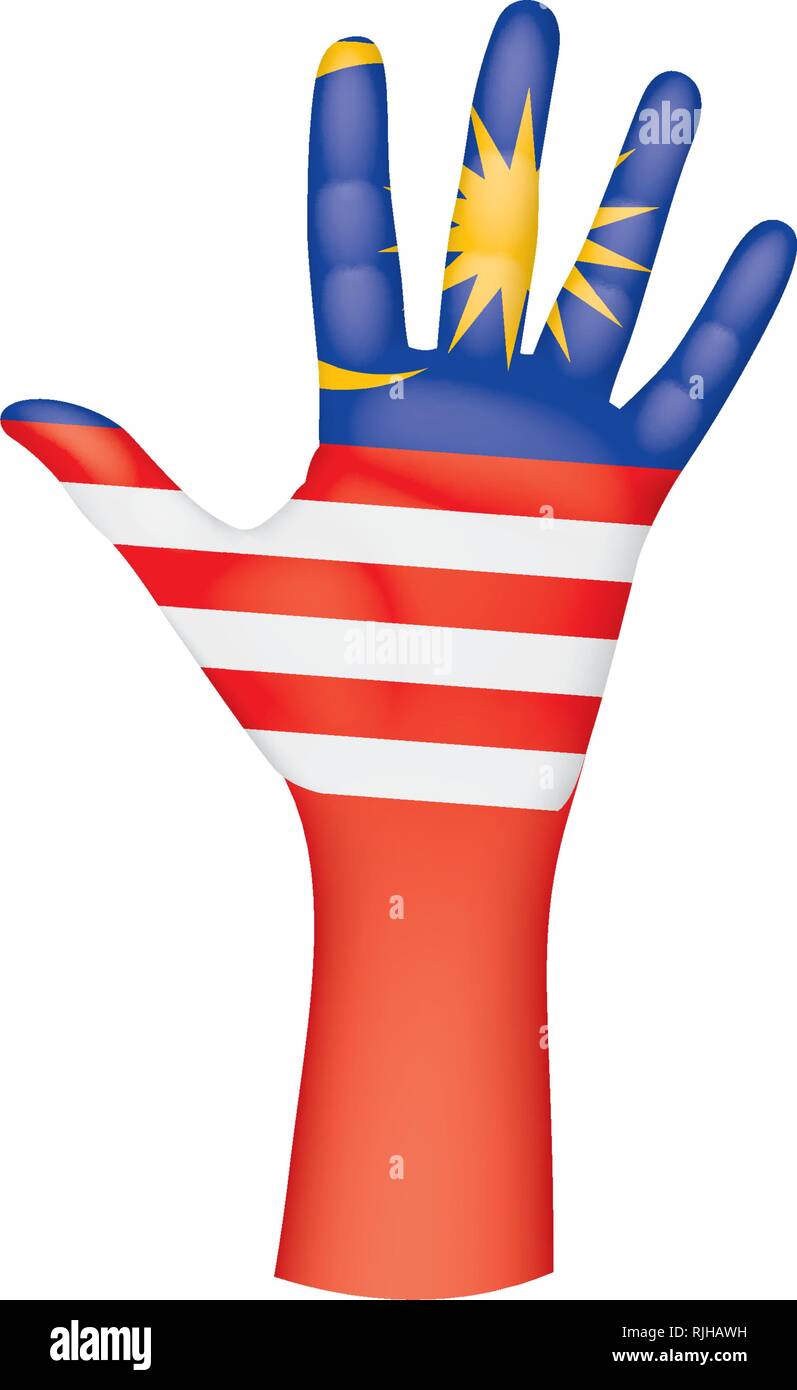 Malaysia flag and hand on white background. Vector illustration Stock ...