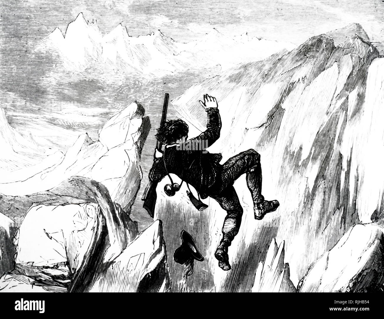 An engraving depicting a chamois hunter falling to his death in the ...
