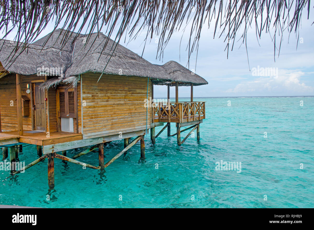 Beautiful landscape of the house on water on the island of Maldives ...