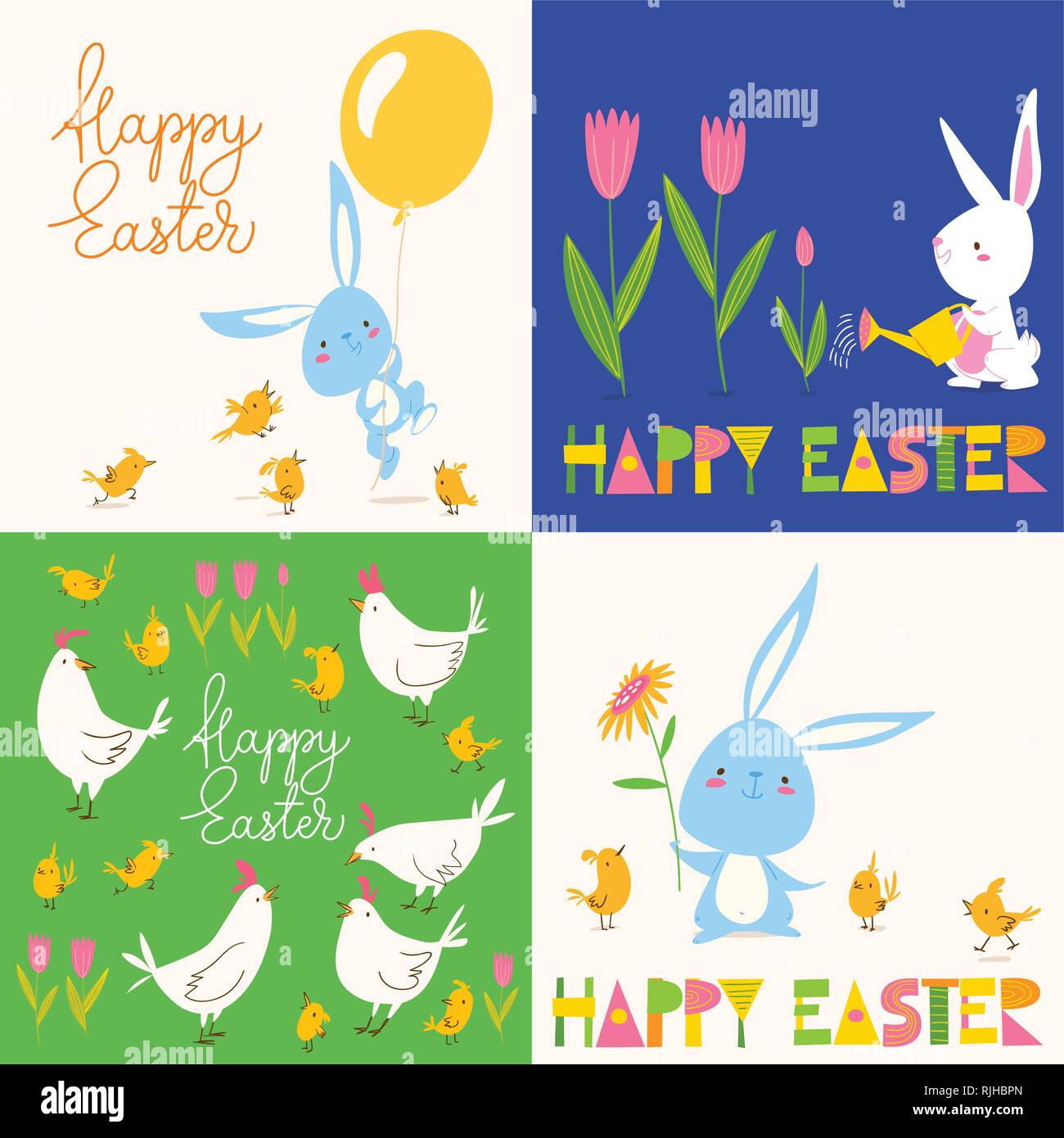 Set of four vector easter spring cards with rabbits, flowers and ...