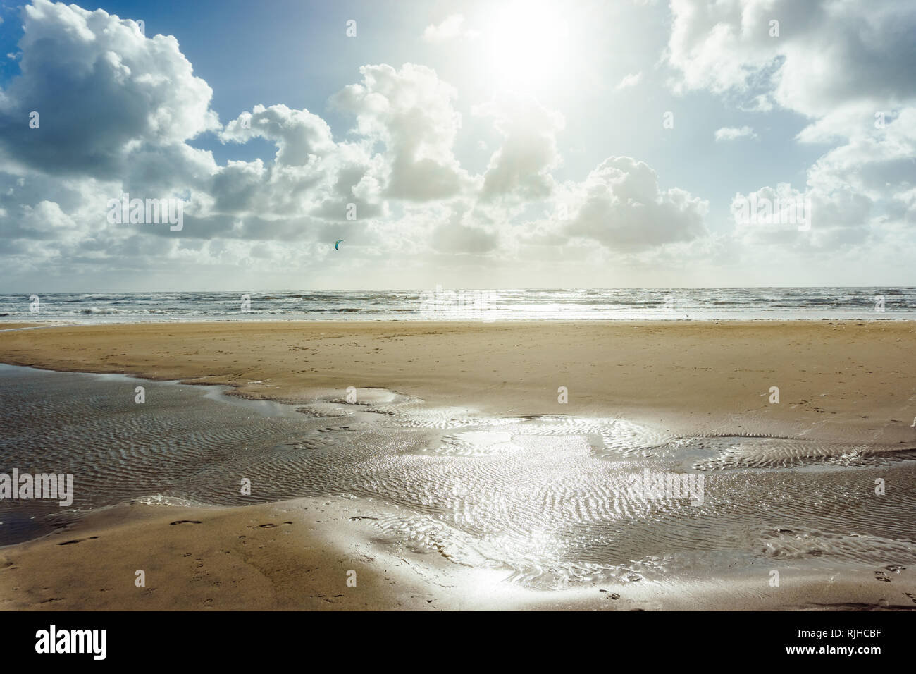 Panoramic view of the beach and the mud flat sea with a watercourse ...